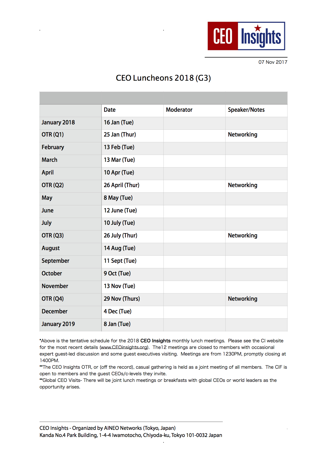 CEO Insights Schedule 2018 (G3) – CEO Insights Executive Group